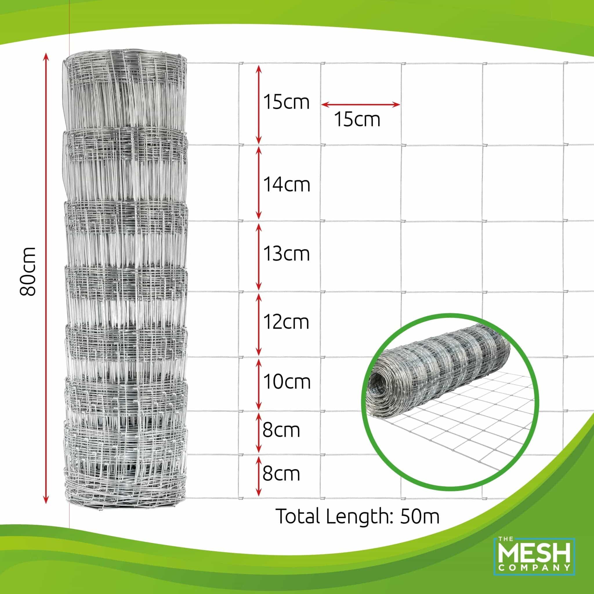 Hot Dipped Galvanised Stock Fence | C8/80/15 Metal Mesh 50m x 800mm ...